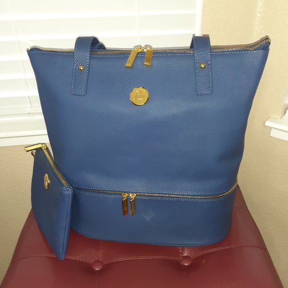 Joy Mangano | Bags | Joy Mangano Double Decker Leather Purse Navy ...